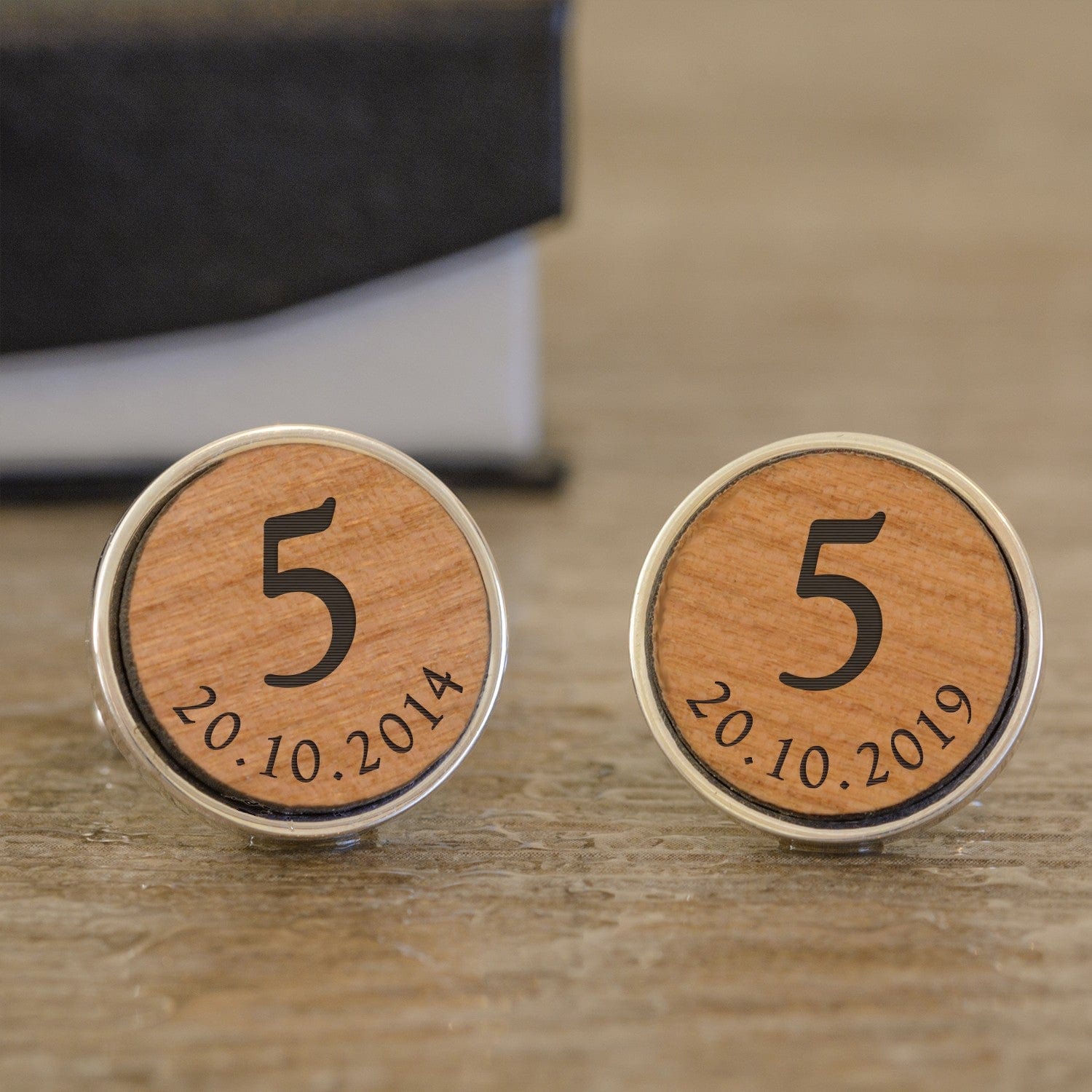 Cherry Wood 5th Wedding Anniversary Personalised Date Cufflinks