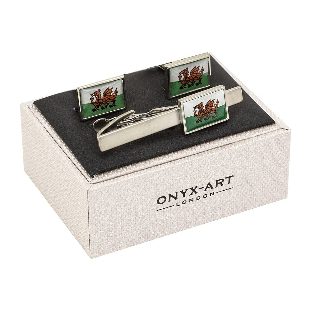 Flag of Wales Cufflinks and Tie Clip Gift Set | Welsh Cufflinks