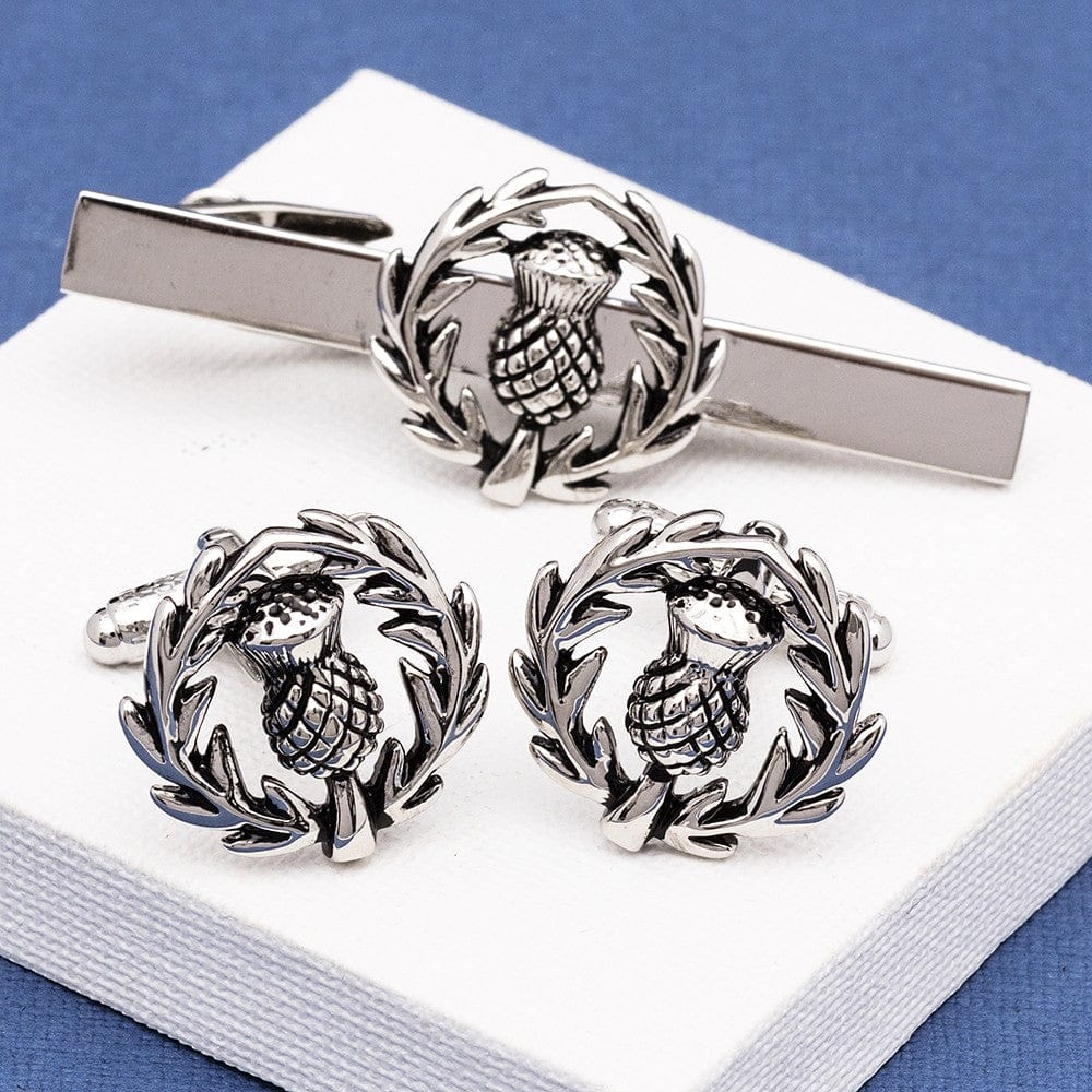 Thistle Cufflinks Gift Set | Scottish Thistle Cufflinks and Tie Clip Set